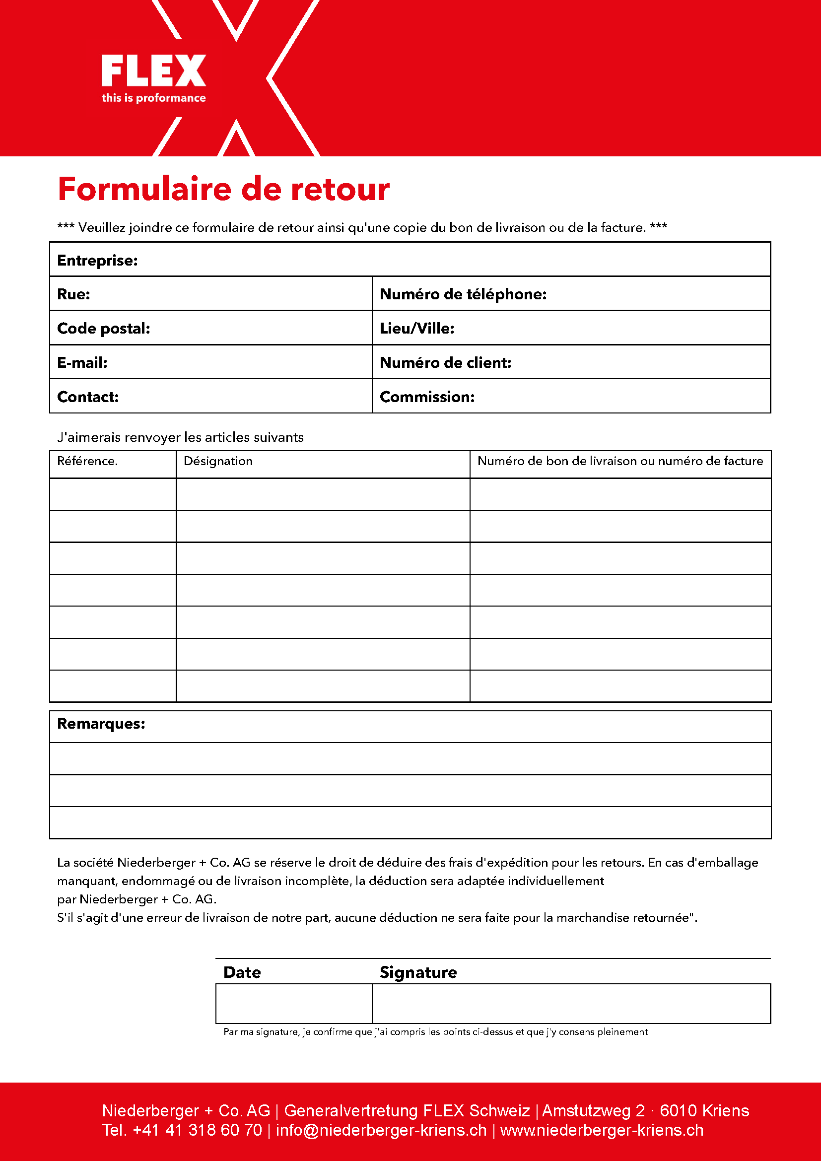 Formulaire de retour :: Service :: Niederberger Kriens
